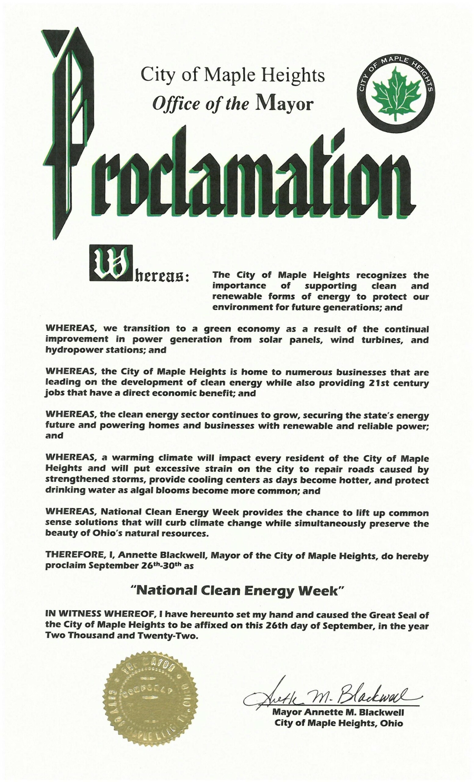 City of Maple Heights Mayor Blackwell issues Proclamation declaring ...